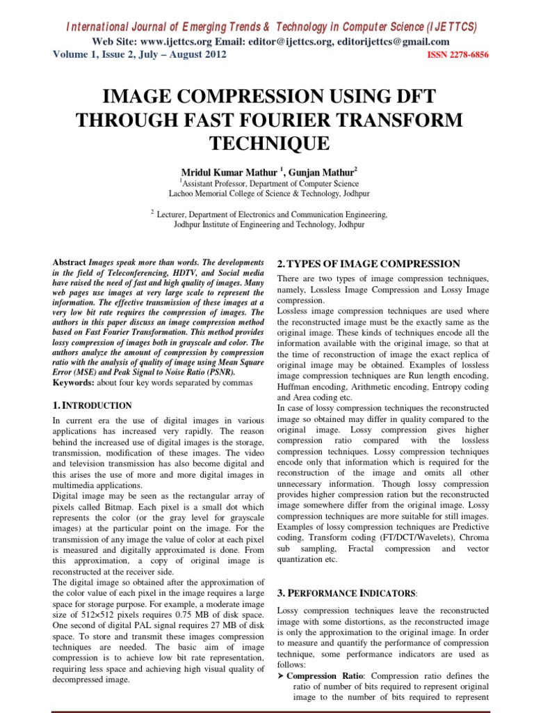 Image Compression Using Dft Through Fast Fourier Transform Technique