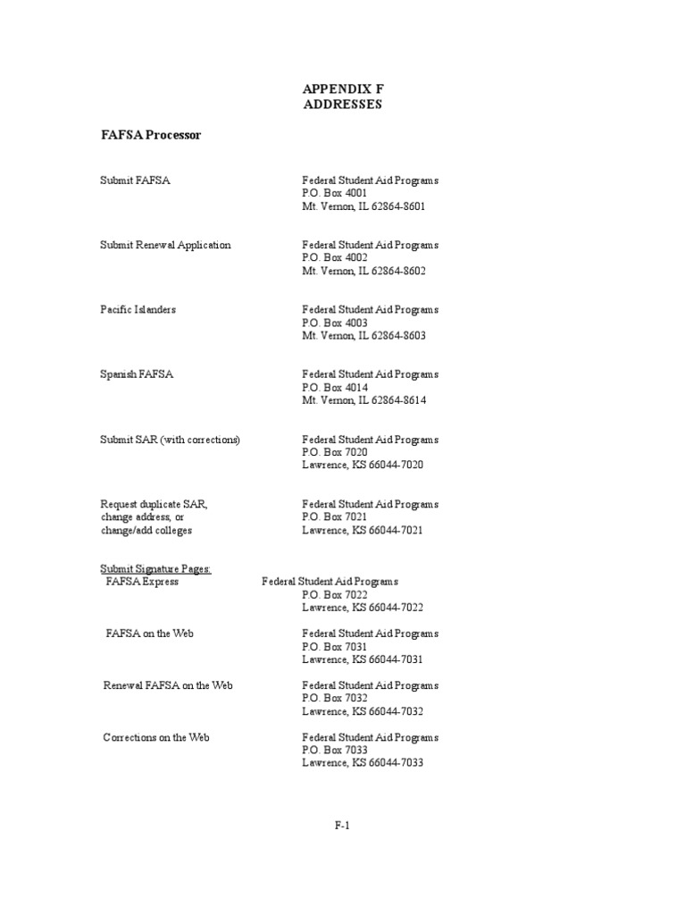 FAFSA Submission Addresses and Contacts | PDF | World Wide Web ...