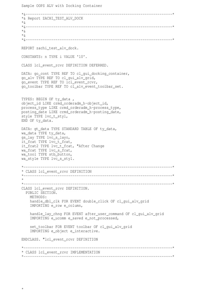 Sample OOPS ALV With Docking Container | PDF | Method (Computer Programming) | Database Index