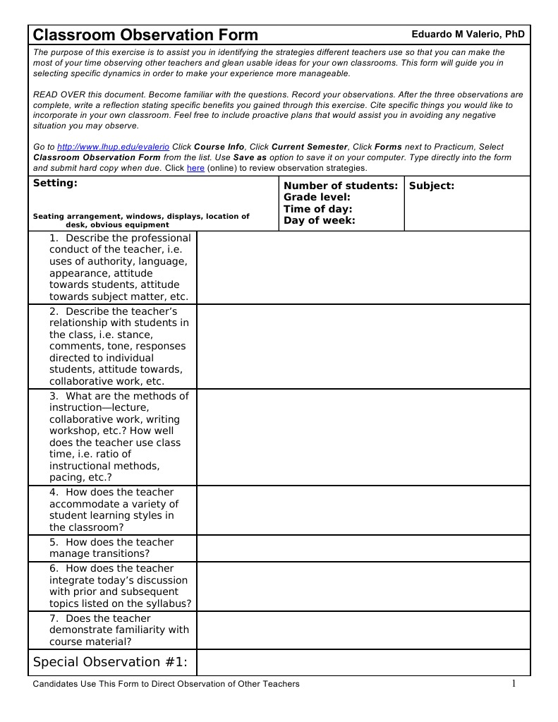 Classroom Observation Report Template | PDF | Career & Growth | Self ...