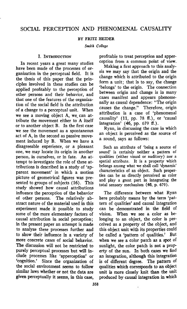 Heider Social Perception and Phenomenal Causality | PDF | Causality ...