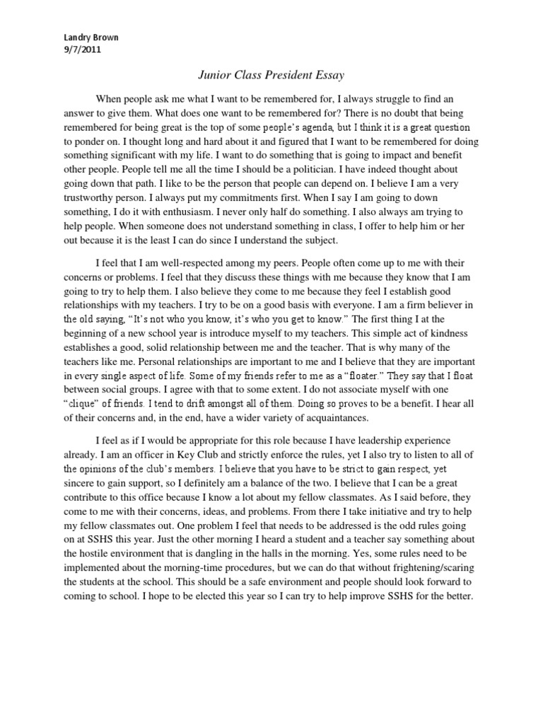 Junior Class President Essay | PDF