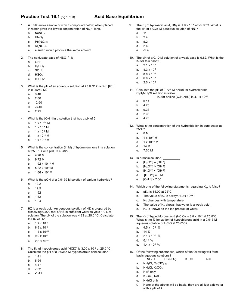 Acid Base Equilibrium Practice Test | PDF | Ph | Acid