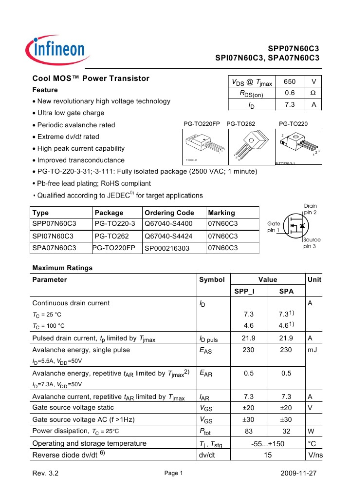 07N60C3 | PDF | Capacitor | Field Effect Transistor