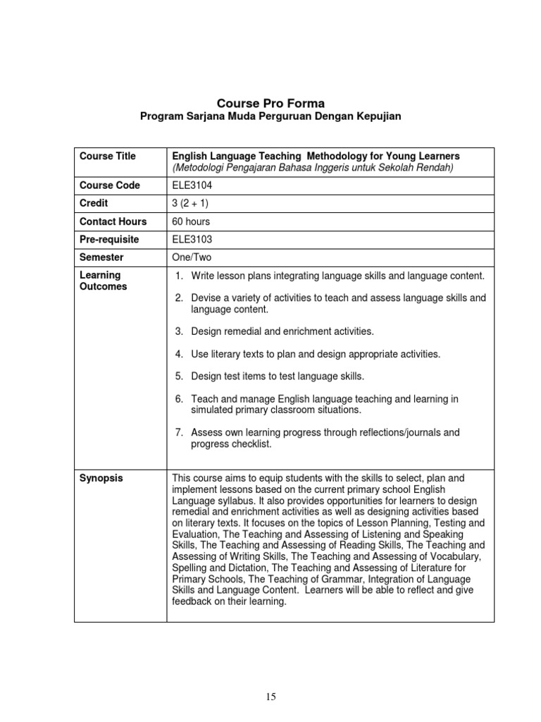 Course Proforma ELE 3104 Sem. 6 | PDF | Lesson Plan | Reading (Process)