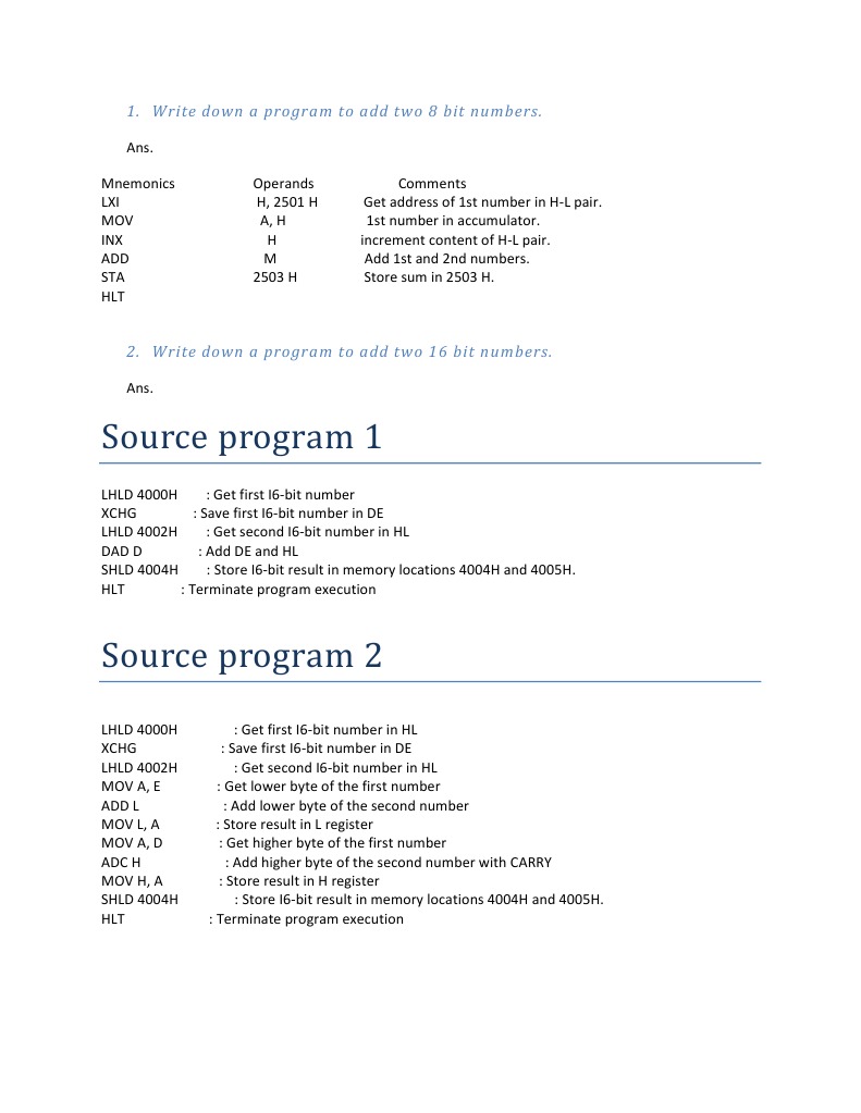 Source Program 1 1 Write Down A Program To Add Two 8 Bit Numbers Pdf Pointer Computer