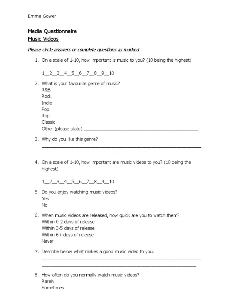 Music Video Preferences Questionnaire | PDF