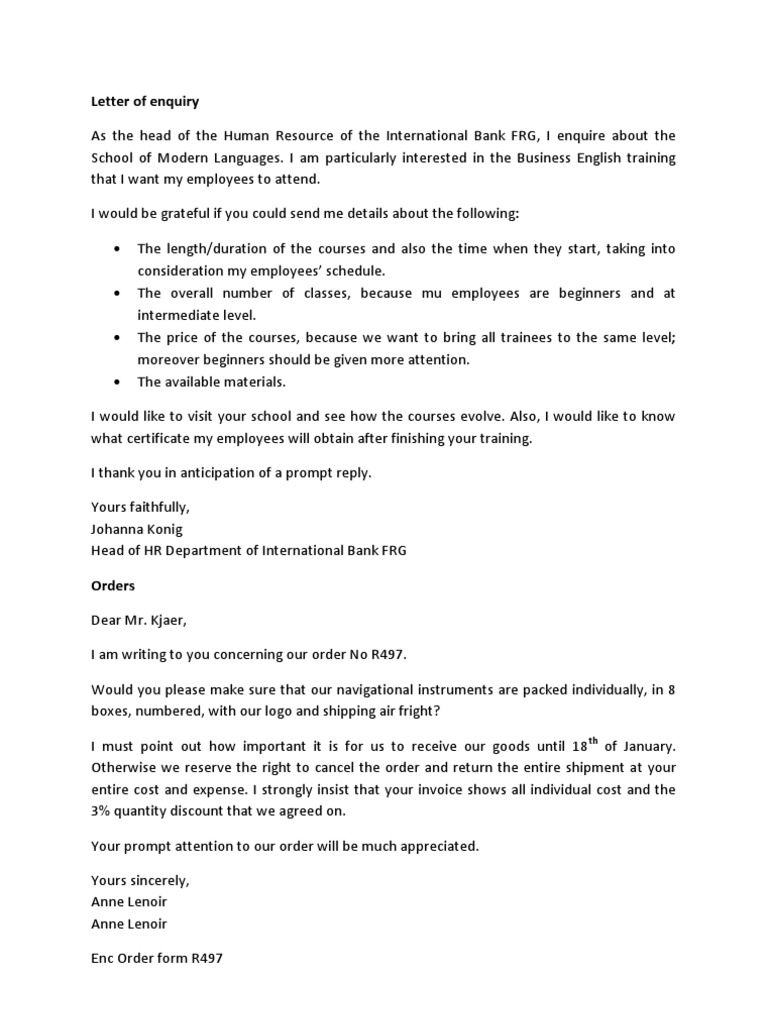 Letter of Enquiry | PDF | Human Resource Management | Business