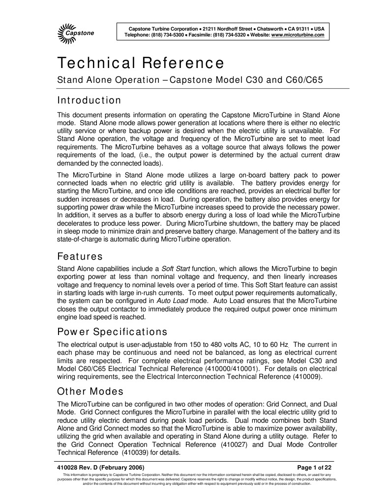 Technical Reference: Stand Alone Operation - Capstone Model C30 and C60 ...