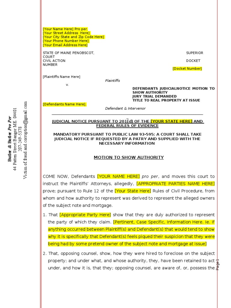 Motion to Show Authority Template | Pro Se Legal Representation In The ...