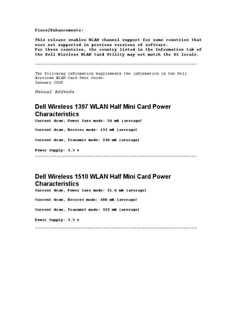 Dell Wireless 1397 WLAN Half Mini Card Power Characteristics | PDF ...