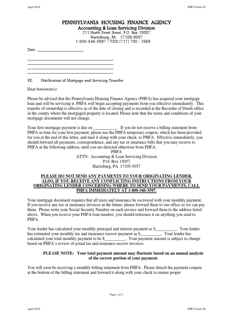 Form 28PHFA Form 28 Hello Goodbye Letter | Mortgage Loan | Loans
