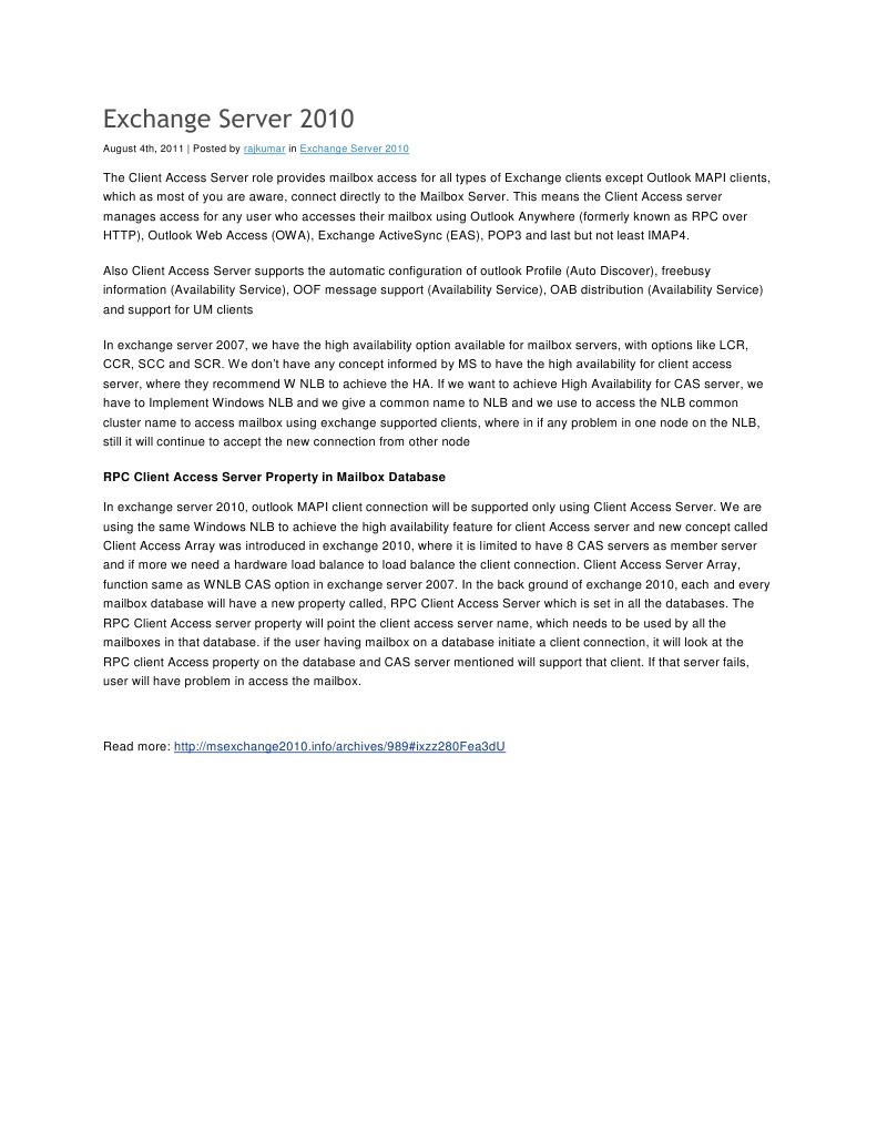 Exchange Server 2010 CAS | PDF | Microsoft Exchange Server | Server ...