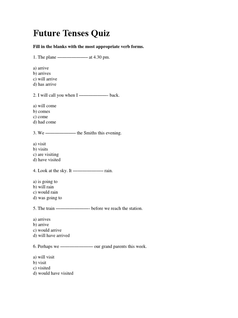 Future Tenses Quiz: Fill in The Blanks With The Most Appropriate Verb ...