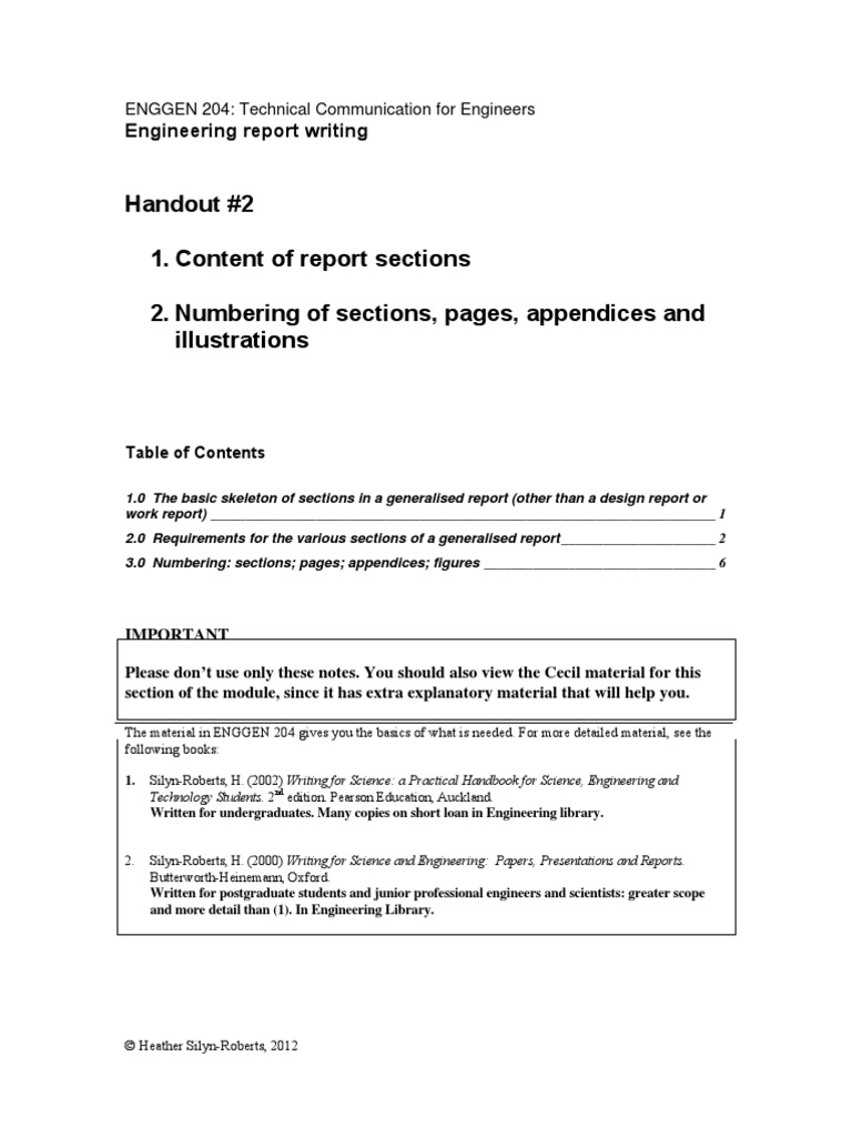 Handout #2 1. Content of Report Sections 2. Numbering of Sections ...