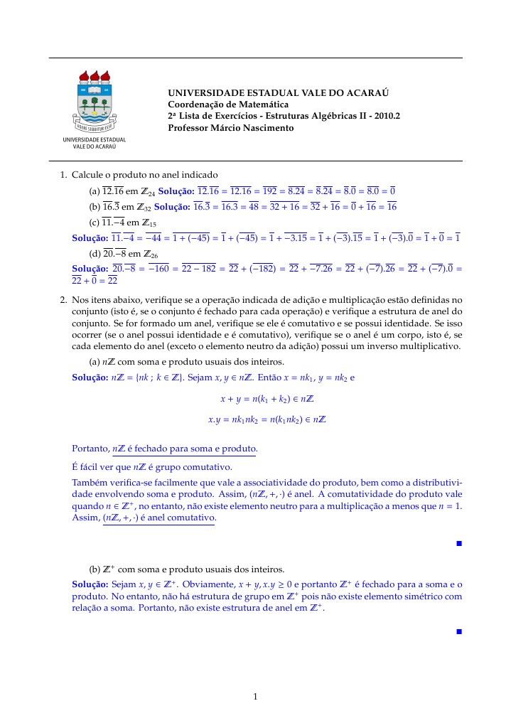 Algebra Abstrata Exercicios | PDF | Anel (Matemática) | Estruturas ...