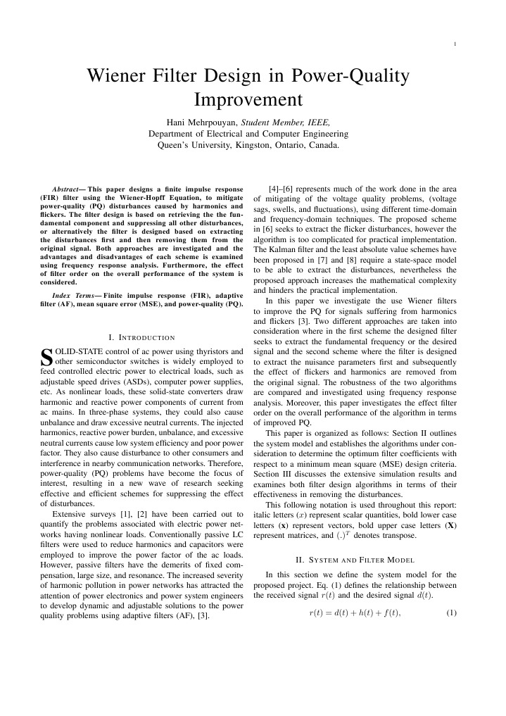 Wiener Filter Design in Power Quality Improvment | PDF | Distortion ...