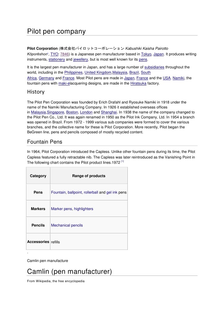 Pilot Pen Company | PDF | Pen | Stationery