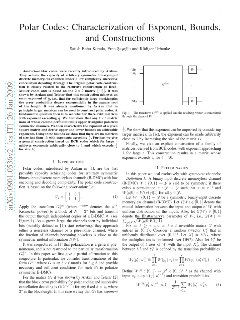 Polar Codes: Characterization of Exponent, Bounds, and Constructions | PDF | Matrix (Mathematics ...