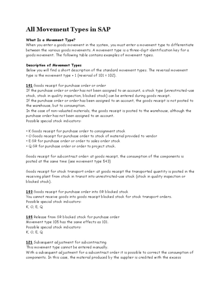 Comprehensive Guide to SAP Movement Types | PDF | Warehouse ...