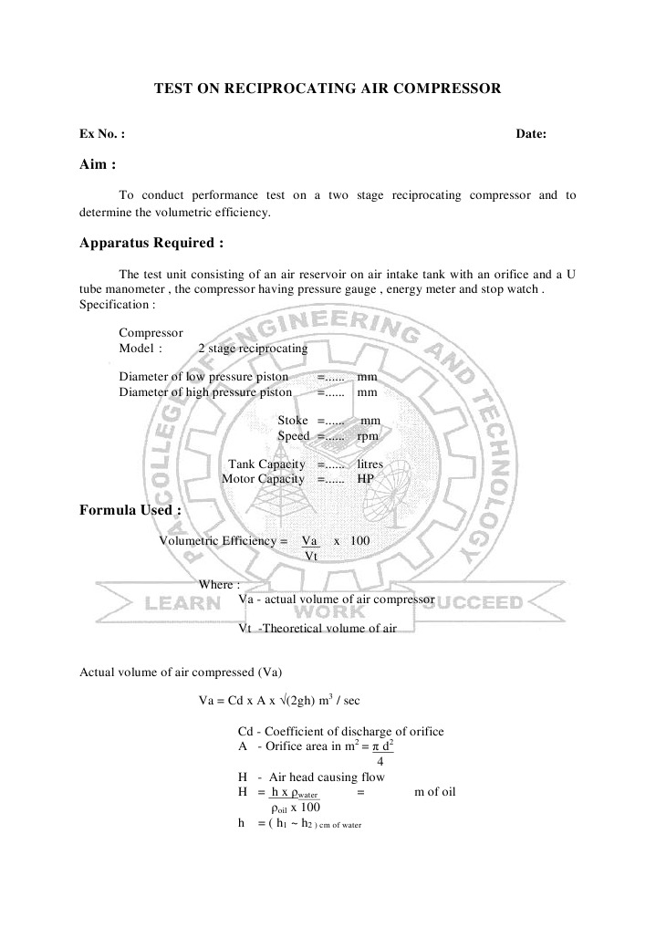 Test On Reciprocating Air Compressor | PDF