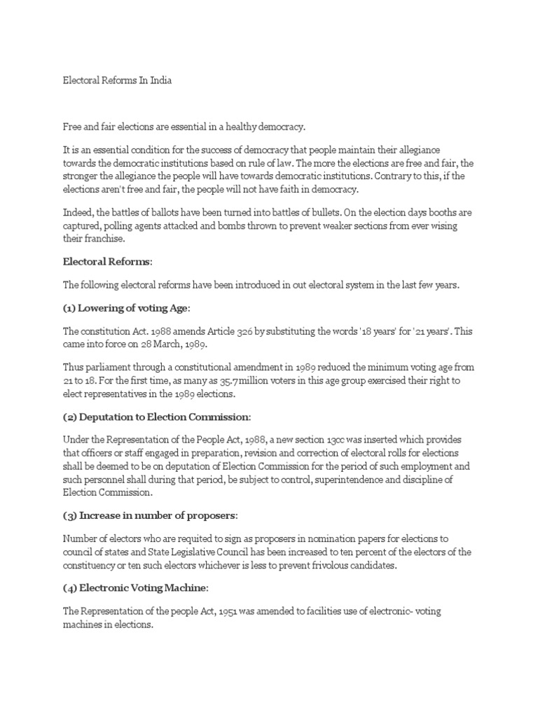 Electoral Reforms in India | PDF | Elections | Voting