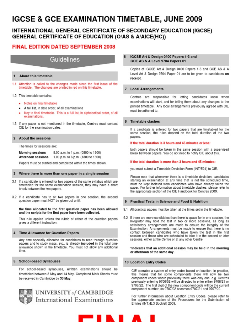 Pakistan Exams Cie Igcse Gce Timetable Jun 2009 | PDF