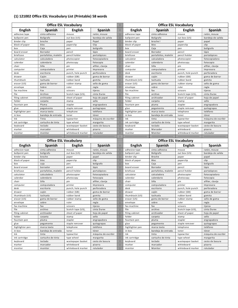 Office ESL Vocabulary List (Printable) 58 Words | PDF | Pen | Printer ...