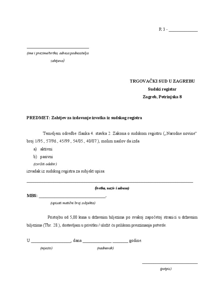 Primjer - Zahtjev Za Izdavanje Izvatka Iz Sudskog Registra | PDF
