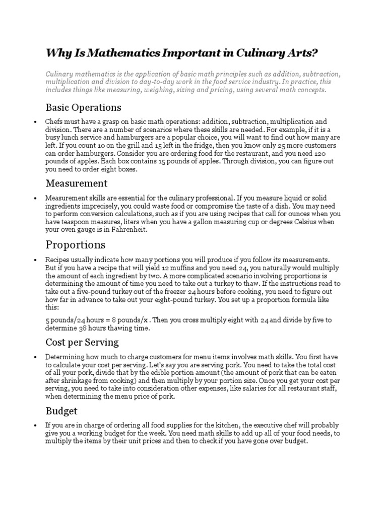 Importance of Math in Culinary Arts | PDF | Percentage | Menu