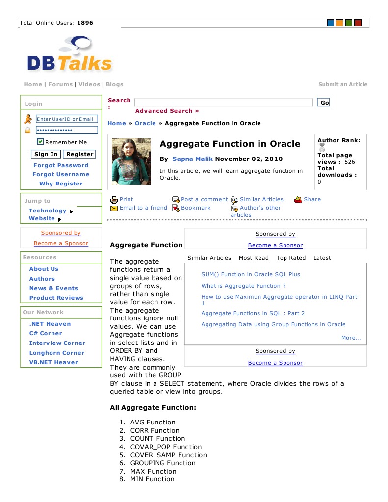 Aggregate Function in Oracle | PDF | Variance | Coefficient Of ...