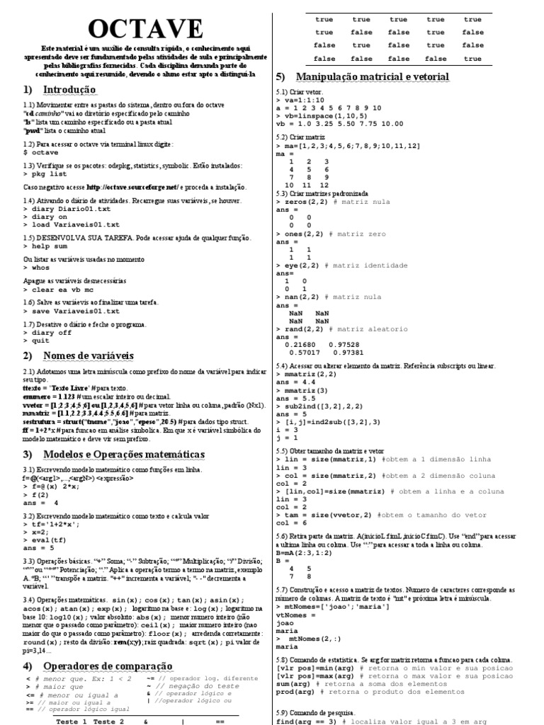 Formulario Octave | PDF | Arquivo de texto | Matriz (Matemática)