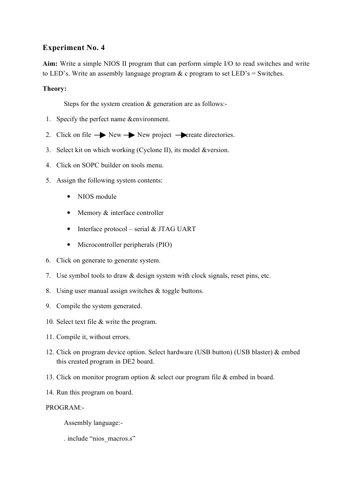 Experiment No. 4: Aim: Write A Simple NIOS II Program That Can Perform ...