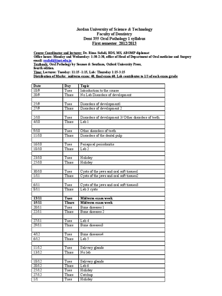 Dent 355 Syllabus Rima 2012 - 2013 | PDF | Dental Degree | Dentistry
