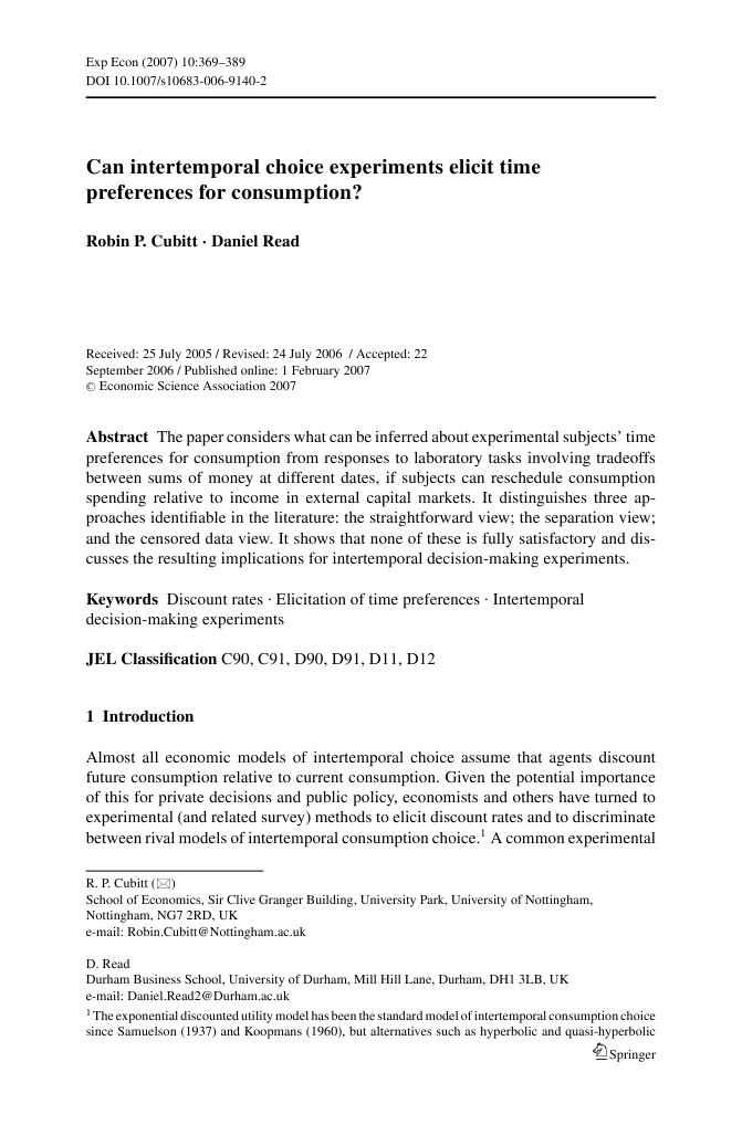 Cubitt and Read Time Preference Economic Experiments | PDF | Economics ...