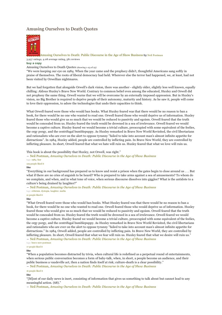 Amusing Ourselves To Death Quotes | PDF | Science | Philosophical Science