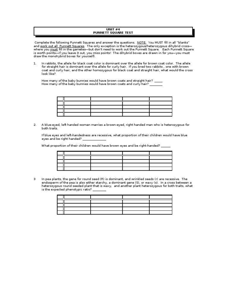 Punnett Square Test A | PDF | Dominance (Genetics) | Zygosity