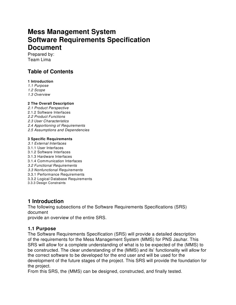 Mess Management System Software Requirements Specification Document | PDF