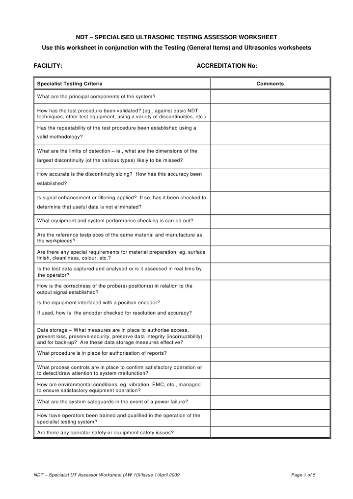 NDT - Specialised Ultrasonic Testing Assessor Worksheet Use This ...