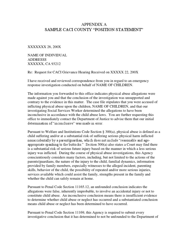 Gomez-Sample Generic CACI County Position Statement | PDF | Child Abuse ...