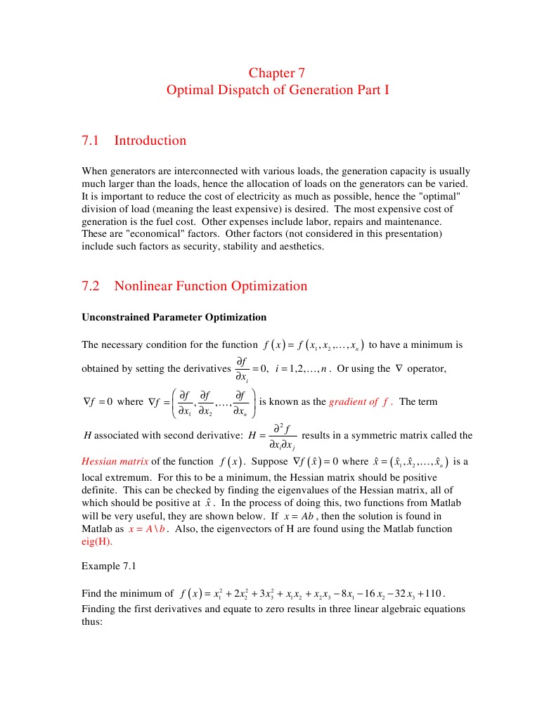 Optimal Dispatch of Generation Part I: Unconstrained Parameter Optimization | PDF | Eigenvalues ...