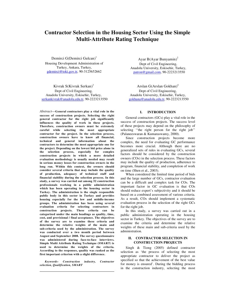 Contractor Selection in The Housing Sector Using The Simple Multi-Attribute Rating Technique ...