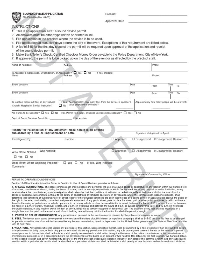 NYPD Sound Permit Application | PDF | Civil Penalty | Fee