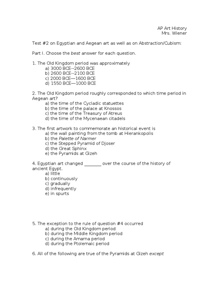 Test On Egyptian and Aegean Art 2009-10 2 | PDF | Ancient Egypt ...