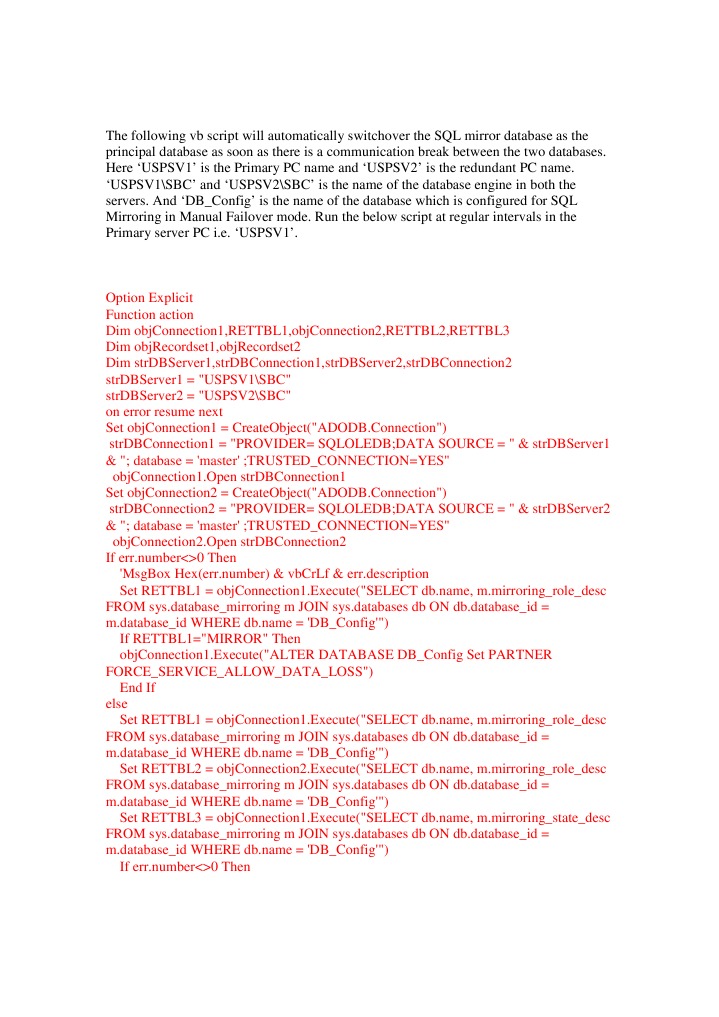 VB Script For Making Manual SQL Mirror Failover Automatic | PDF | Databases | Information Management