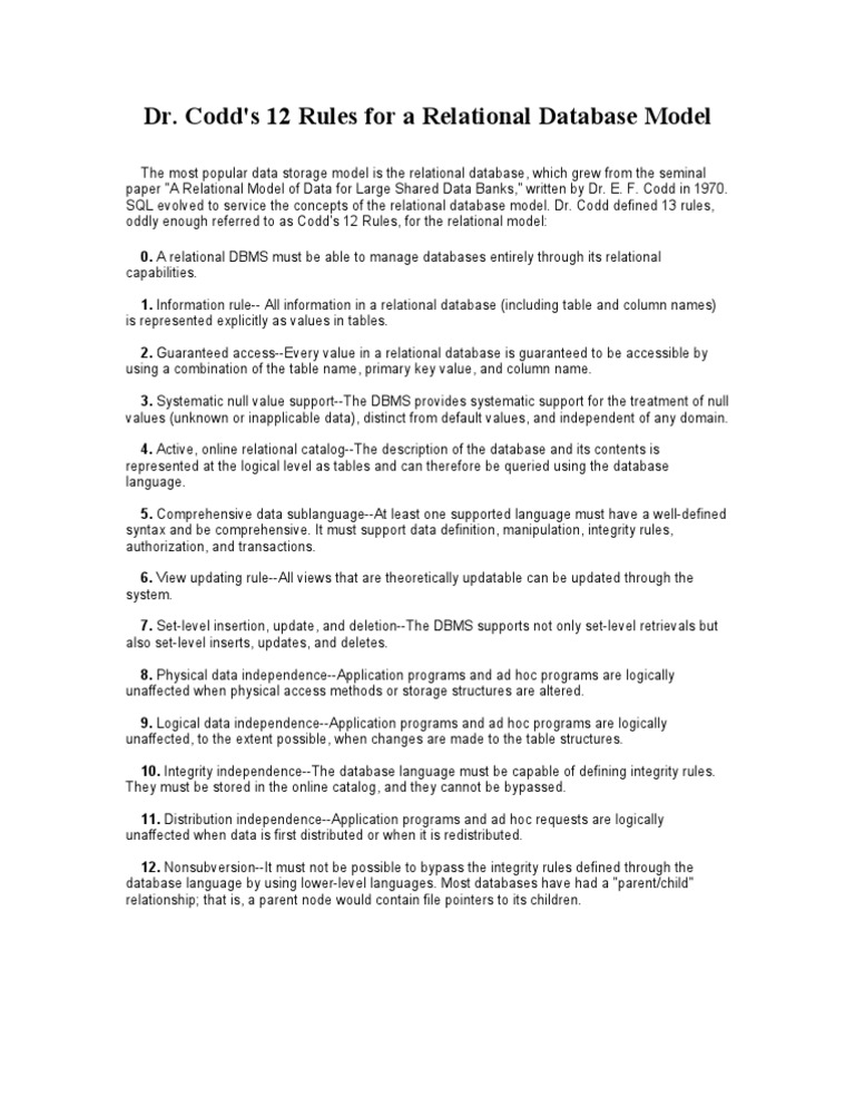12 Rules For A Relational Database Model | PDF | Relational Model | Databases