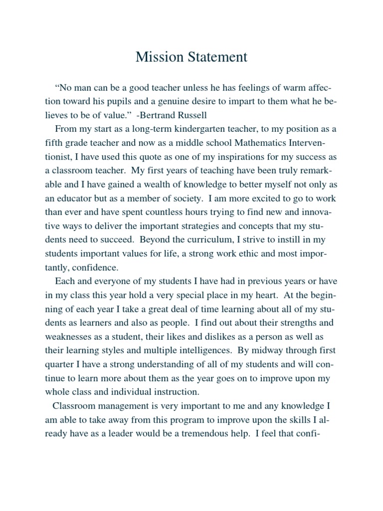 Mission Statement | PDF | Teachers | Motivation
