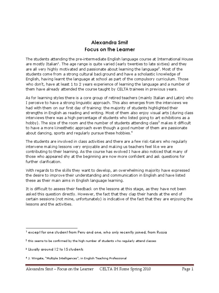 CELTA - Focus On The Learner Assignment | PDF | Curriculum | English ...