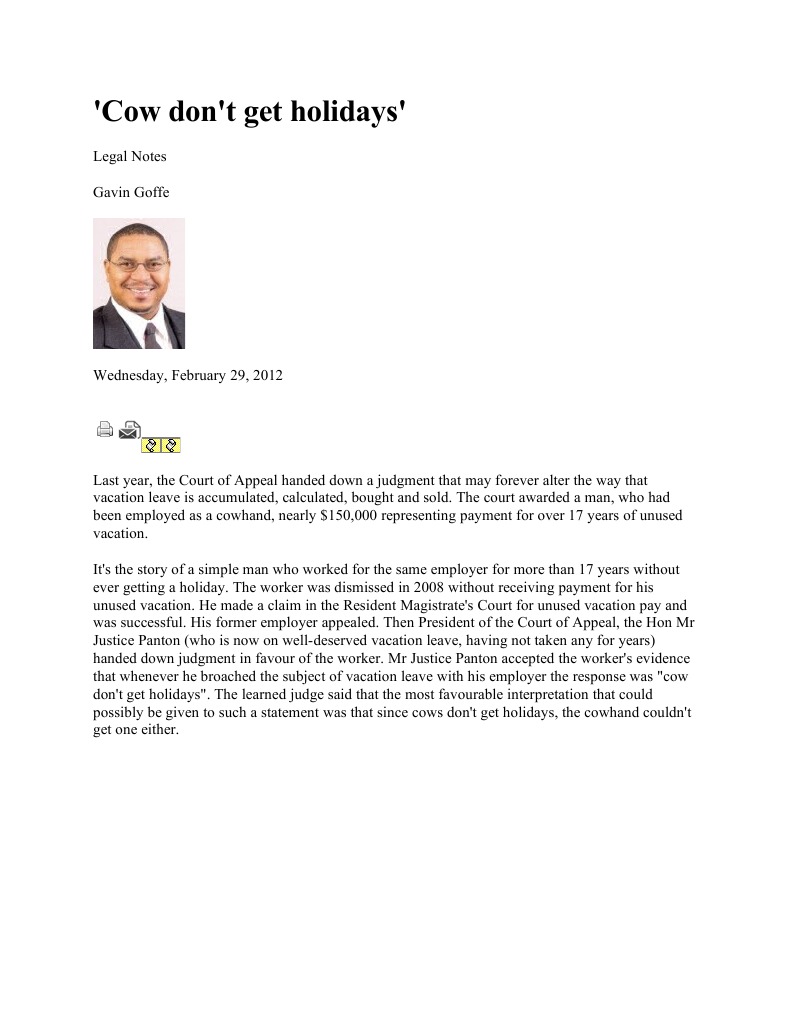 Gavin Goffe Article Cows Dont Get Holidays | PDF | Vacation | Employment