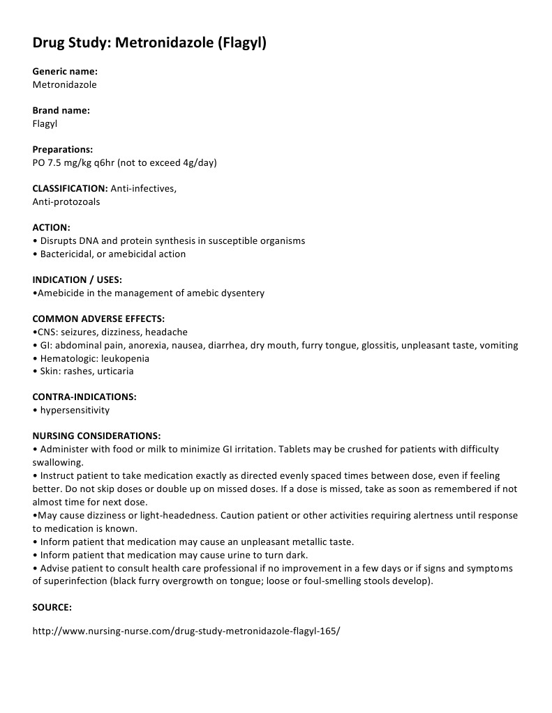 Drug Study - Metronidazole (Flagyl)